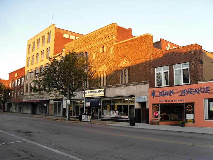 Downtown Ashtabula glows with golden-hour charm, its historic brick buildings standing as sentinels of small-town character that big cities can only attempt to replicate.