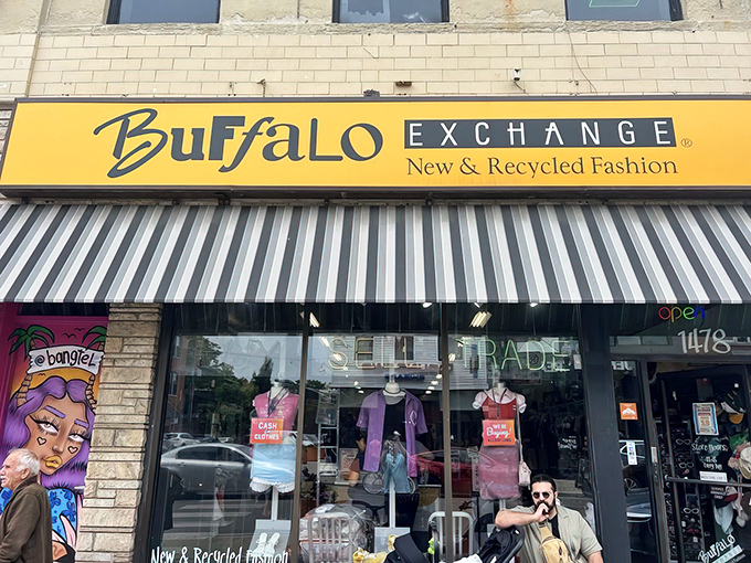 The iconic yellow storefront of Buffalo Exchange beckons fashion hunters with its "Buy, Sell, Trade" promise &ndash; a secondhand paradise in Wicker Park.