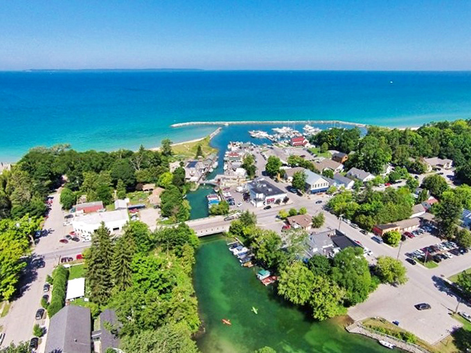 From above, Leland looks like a perfectly arranged jewelry box where water meets land in harmonious splendor.