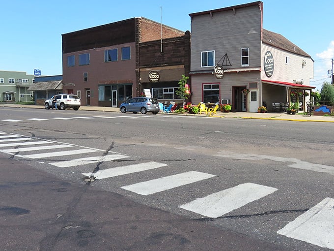 Washburn's charming main street offers that perfect small-town vibe where colorful Adirondack chairs invite you to slow down and stay awhile.