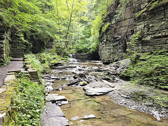 The gorge trail at Fillmore Glen reveals nature's architecture &ndash; layered shale walls rising like ancient skyscrapers while a gentle stream carves its patient path below.