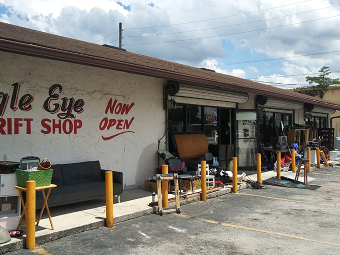 A closer look at the entrance reveals the thrifter's promise land&mdash;where one person's "not anymore" becomes another's "just what I needed!"