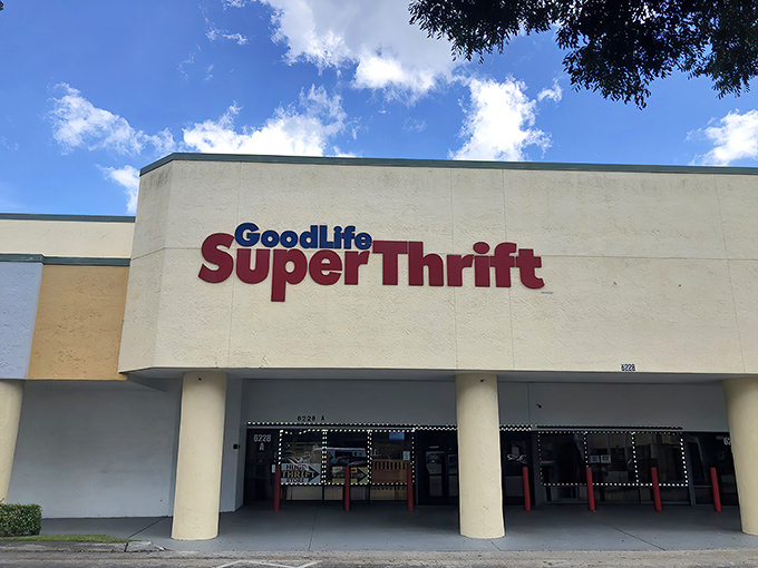 The unassuming exterior of GoodLife SuperThrift stands like a treasure chest waiting to be opened. Florida's bargain hunters know what lies within.