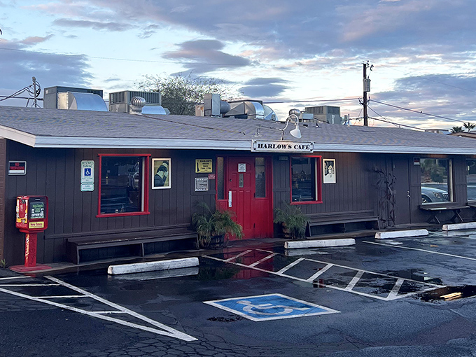 That iconic brown siding and bright red door – like finding the entrance to a secret breakfast society where the password is "extra syrup, please."