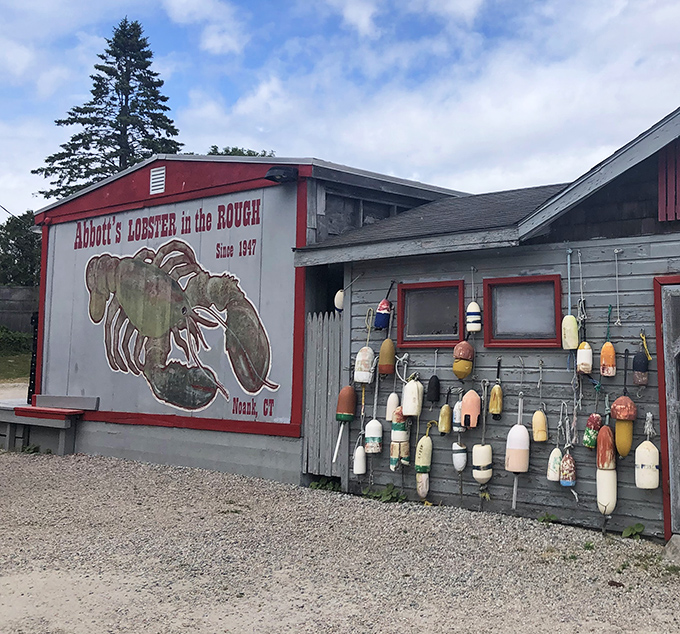 The iconic red lobster sign welcomes seafood pilgrims to this coastal shrine. Abbott's weathered charm promises authentic maritime delights ahead.