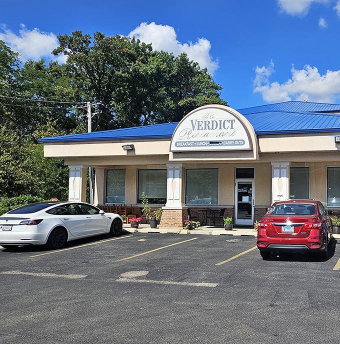 The blue-topped exterior of Verdict Restaurant stands like a beacon of breakfast hope in Wheaton, promising delicious verdicts on empty stomachs.