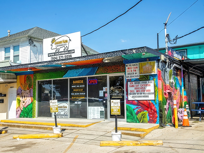 By day, this vibrant BBQ joint stands out with its tropical-inspired murals and bold signage &ndash; subtlety isn't on the menu here.