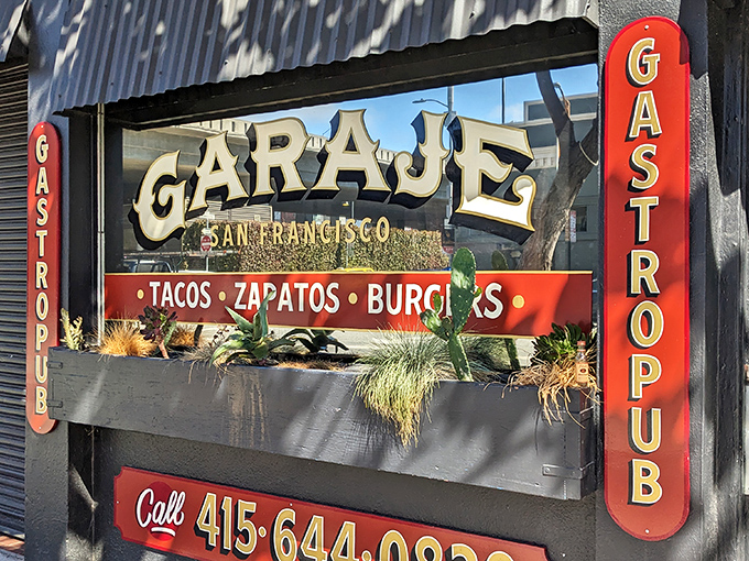 The unmistakable Garaje storefront beckons hungry San Franciscans with its bold signage and industrial charm. Tacos, zapatos, and burgers await inside this SoMa gem.