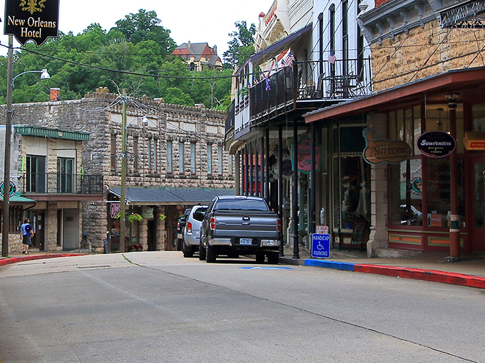 Downtown Eureka Springs looks like a movie set where Victorian architecture decided to have a party on the side of a mountain.
