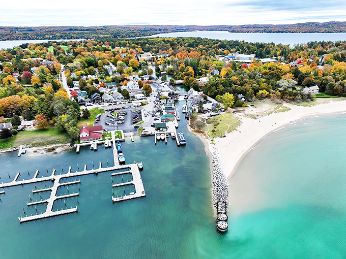 Fall transforms Leland into a kaleidoscope of colors, with the historic Fishtown nestled between two bodies of water like a cozy maritime sandwich.