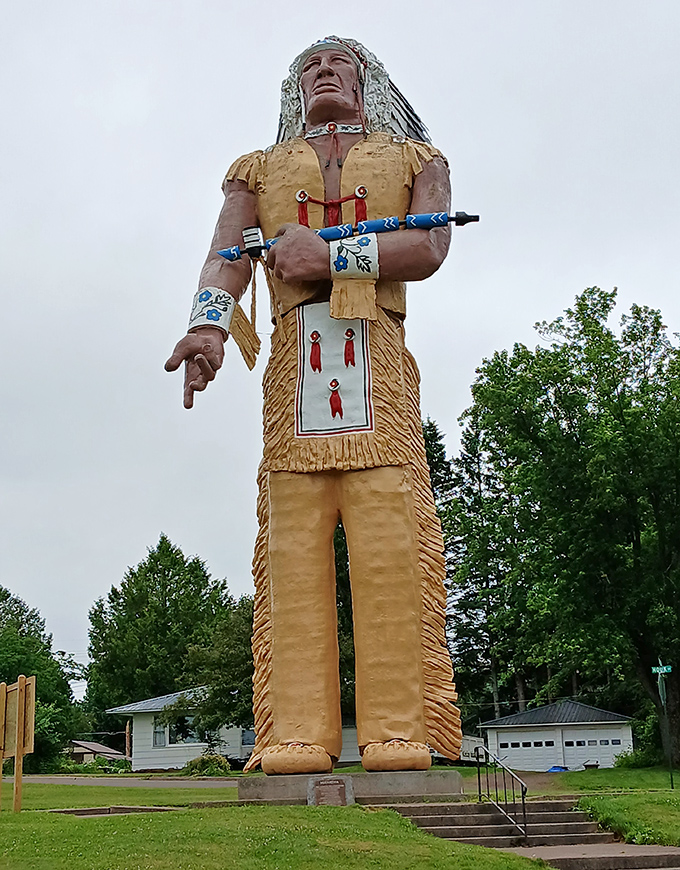 Standing tall since 1964, Hiawatha watches over Ironwood with the patience only someone made of fiberglass could maintain through Michigan's winters.