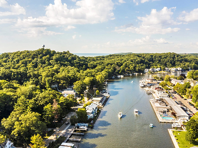 Aerial paradise! Saugatuck's harbor glistens like nature's own infinity pool, where boats drift lazily and trees create a lush green frame for Lake Michigan beyond.