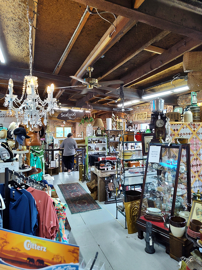 Under crystal chandeliers and ceiling fans, treasures wait. It's like your eccentric aunt's attic, but with price tags and better organization.