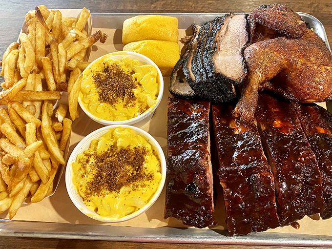 The three-meat platter with all the fixings&mdash;like a family reunion where everybody actually gets along.