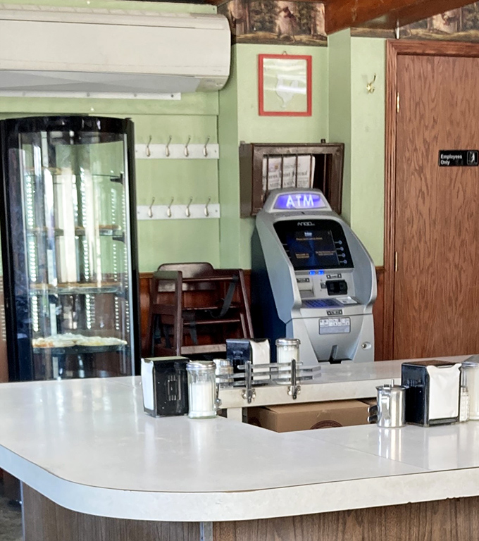Every great diner needs an ATM &ndash; the modern equivalent of "Sorry, no checks accepted." Green walls and classic dessert case complete the authentic experience.