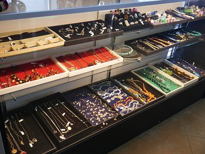 Jewelry organized by color creates a rainbow of possibilities. That vintage necklace might be the conversation starter your outfit needs.