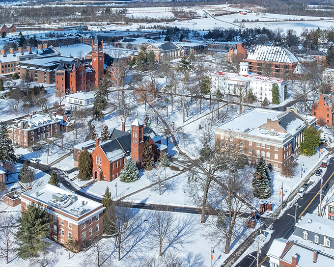 Gettysburg College's distinctive brick buildings stand proudly against the winter landscape, a center of learning since before Lincoln delivered his famous address.