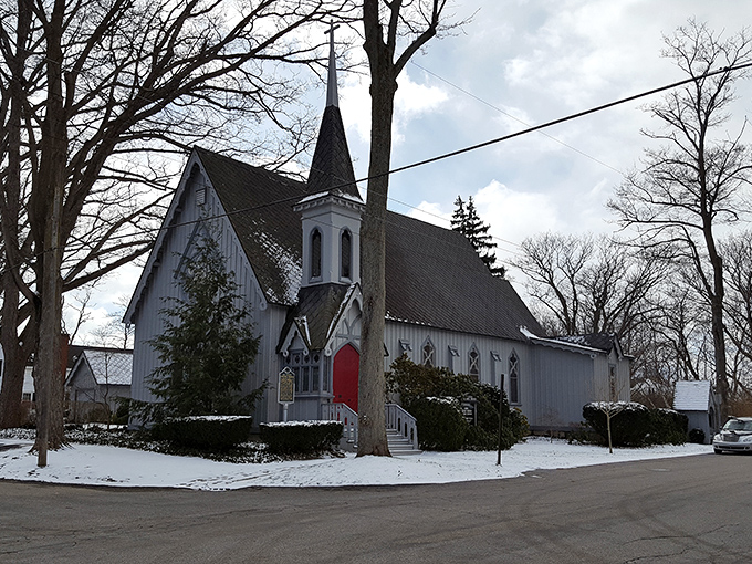 All Saints Episcopal Church looks especially pristine against winter snow, like a postcard from decades past.