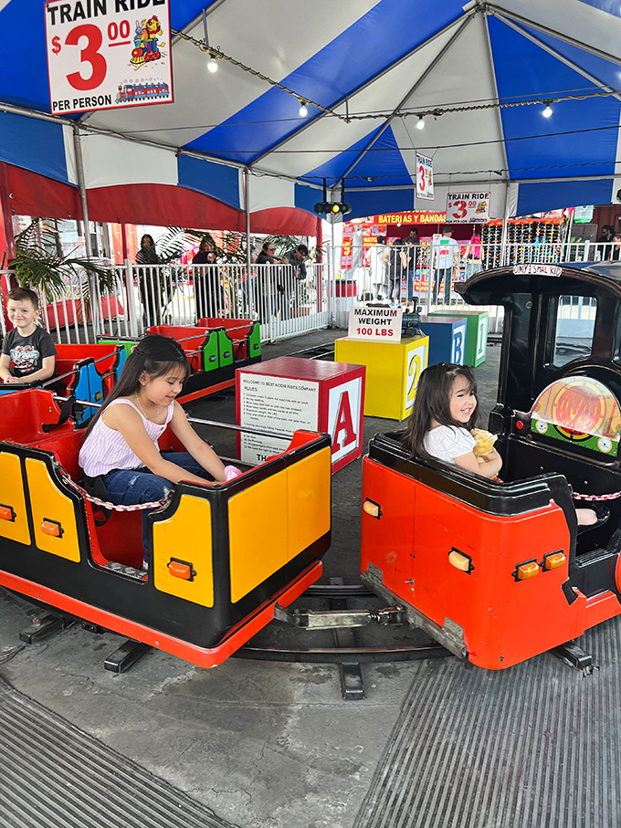 All aboard the joy express! For just $3, kids experience the thrill of the ride while parents experience the thrill of five minutes' peace.
