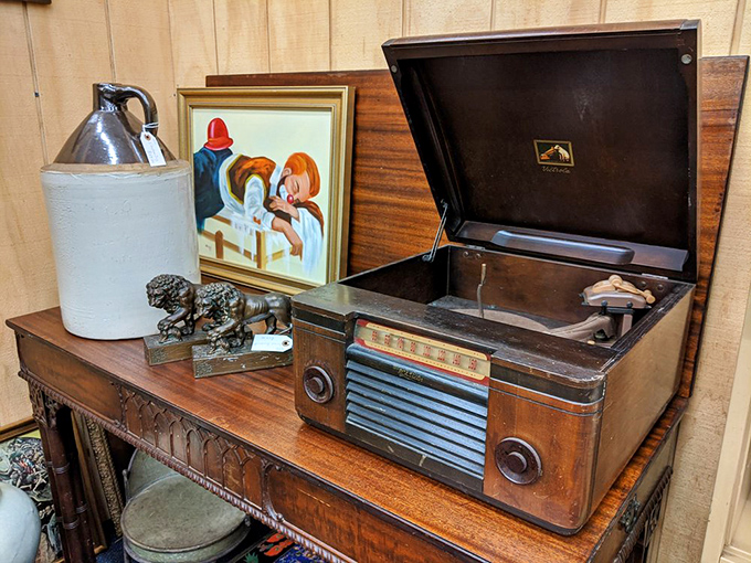 This vintage record player/radio combo once brought families together for evening entertainment before screens stole our attention spans.