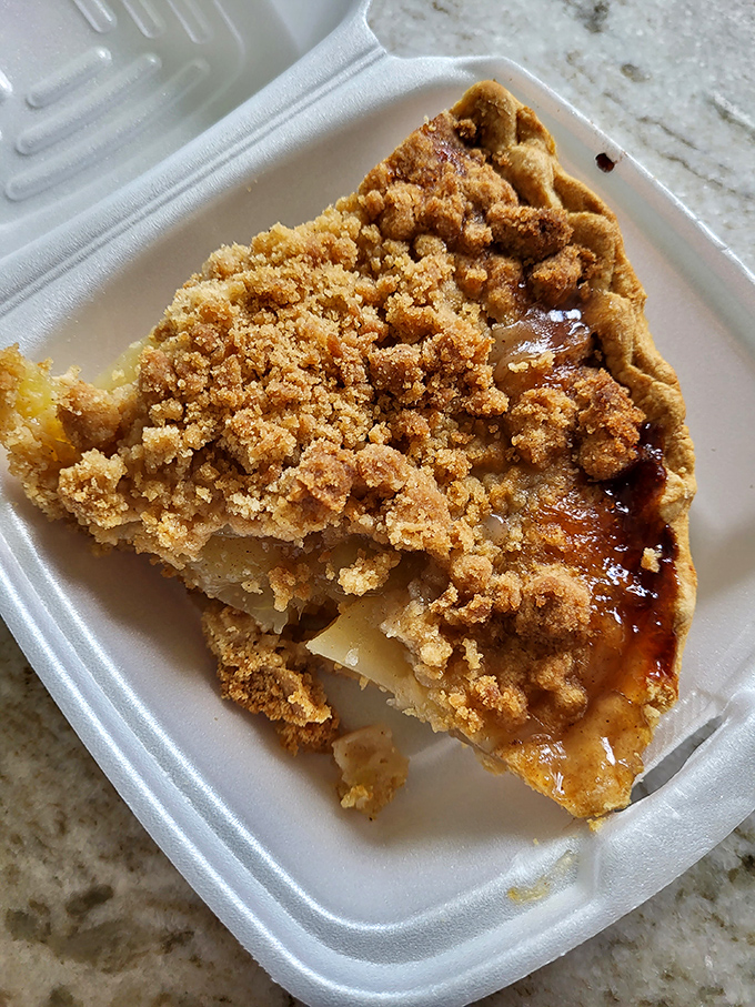 Apple crumb pie that would make Grandma jealous. The perfect ratio of fruit to buttery topping creates a dessert worth fighting over.