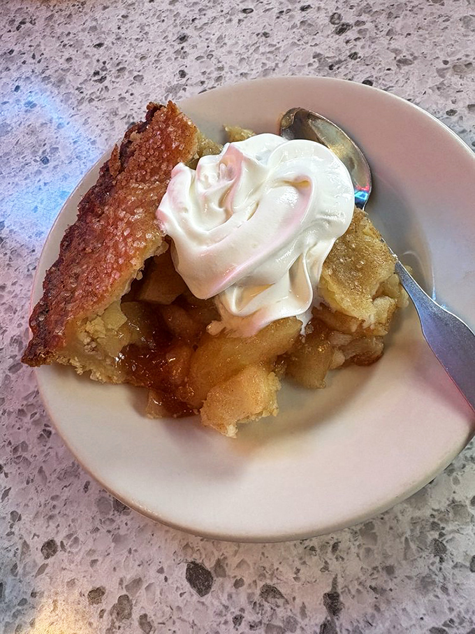 Apple pie that makes you understand why people fight over the last slice, topped with ice cream melting into all those cinnamon-spiced nooks and crannies.