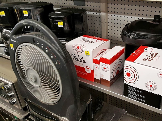 New-in-box appliances mingle with vintage fans, proving one shopper's abandoned impulse purchase becomes another's perfect find.