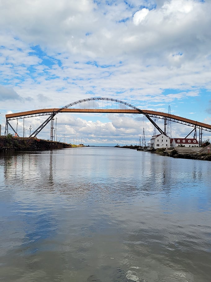 This magnificent bridge arches gracefully over Ashtabula's waterway, proving that functional infrastructure can double as accidental artwork worth admiring.