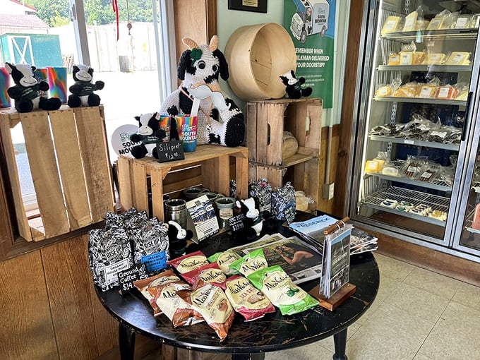 A farm store display that understands snacking is serious business. Cow plushies stand guard over cheese and chips like delicious sentinels.