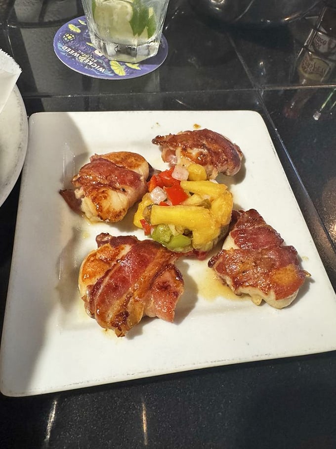 Bacon-wrapped scallops with tropical salsa&mdash;because sometimes two perfect things deserve to meet and fall in love on your plate.