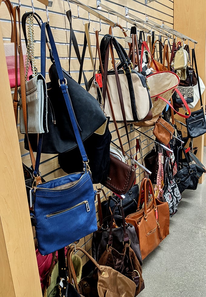 Handbag heaven – where designer dreams and practical purses hang together in democratic fashion harmony.