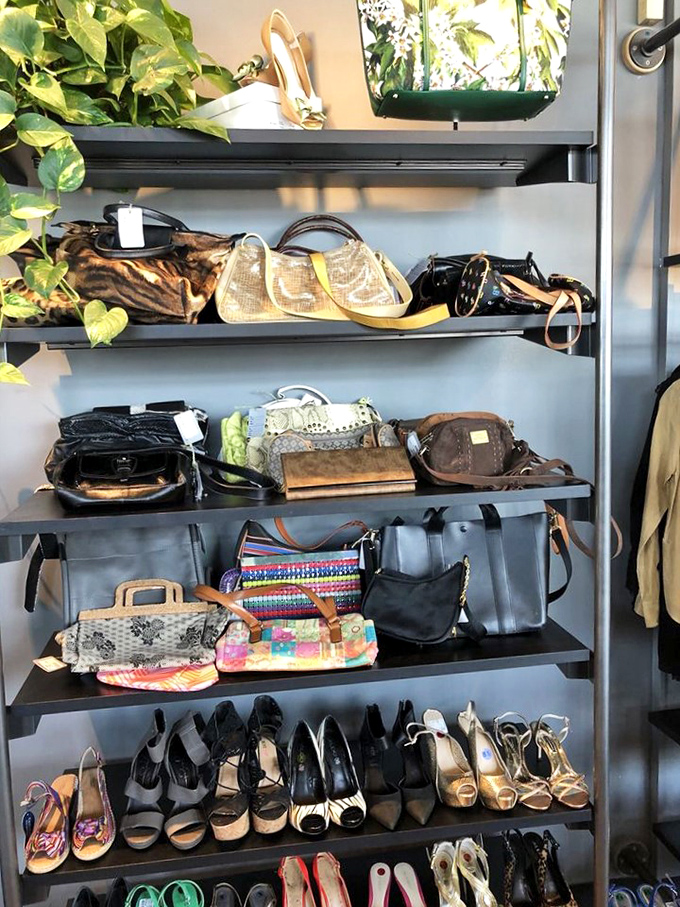 Handbag heaven for the fashionista on a budget. From designer totes to quirky clutches, each shelf offers potential style upgrades.