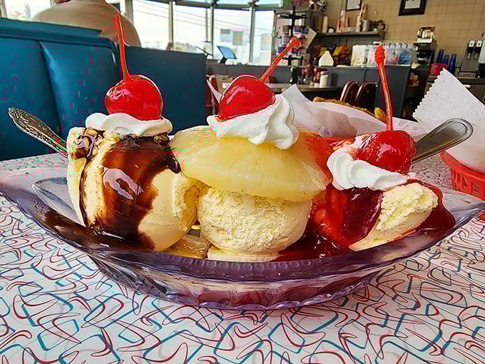 The banana split arrives like a edible sculpture, three scoops of pure joy crowned with cherry royalty.