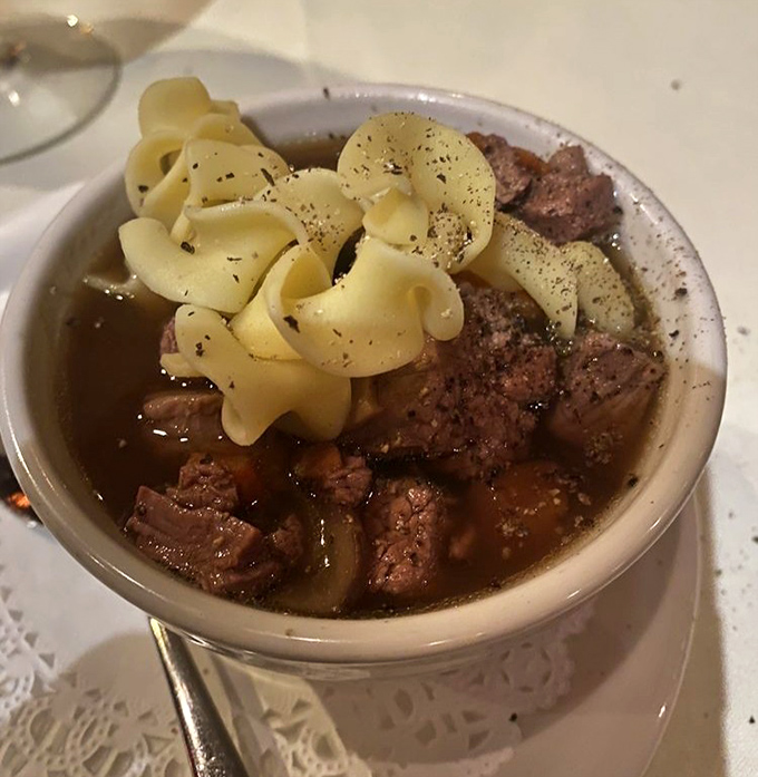 Beef and noodles swimming in rich gravy &ndash; like your grandmother's recipe if she had professional kitchen equipment.