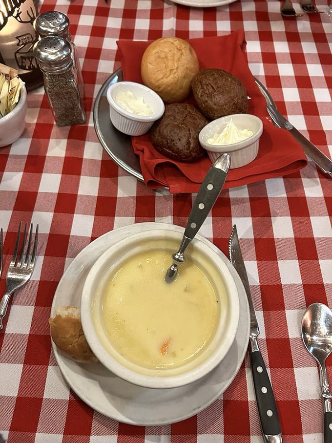 Comfort in a bowl&mdash;beer cheese soup alongside fresh-baked rolls. Pioneers may have dreamed of such luxury during long winter nights.