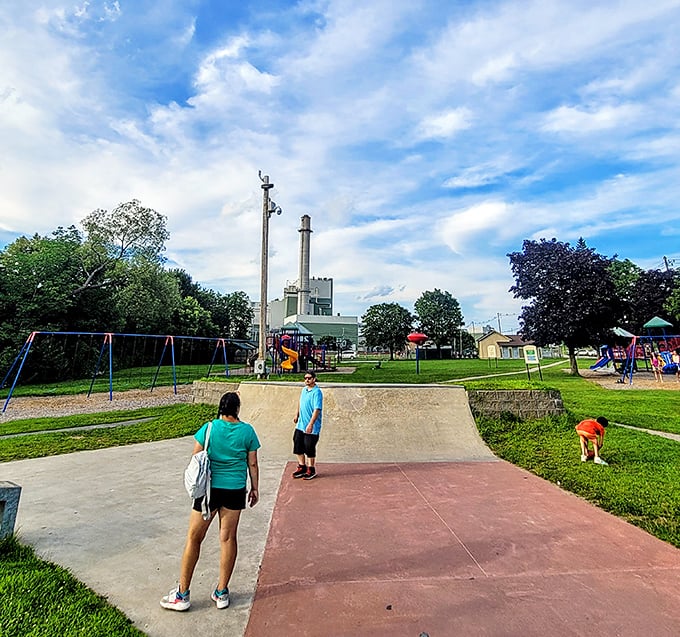 Berlin Recreation Park offers simple pleasures&mdash;swings, slides, and skateboard ramps&mdash;against a backdrop of industrial heritage and blue skies.