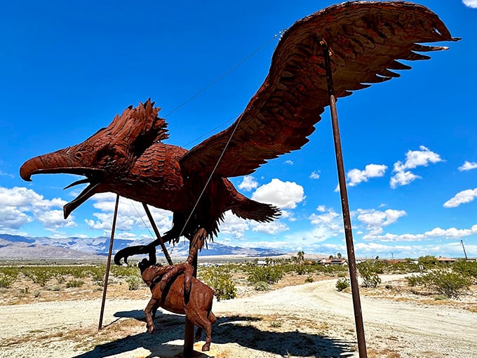 Nature's drama unfolds in metal&mdash;an eagle triumphantly carries its prey, suspended in an eternal moment of wild survival.