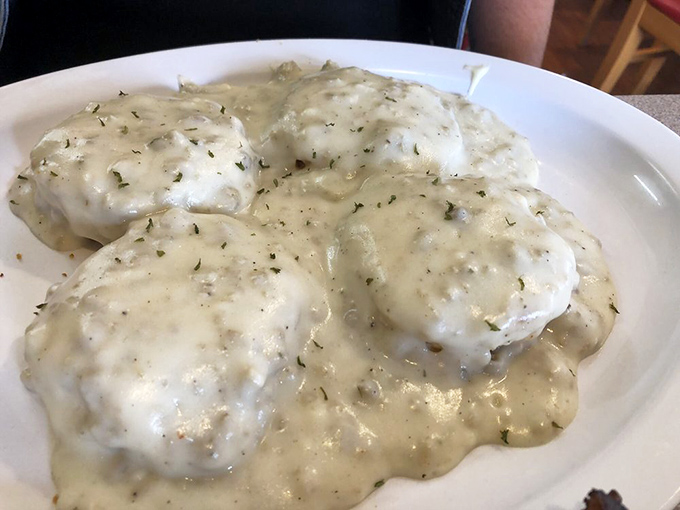 The holy grail of diner breakfast: biscuits smothered in creamy, peppery gravy that could convert even the most dedicated health food enthusiast.