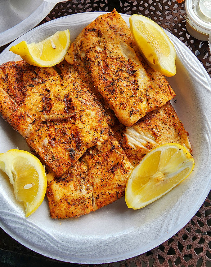 Blackened fish filets seasoned to perfection, proving that simple preparation can create extraordinary results every single time.