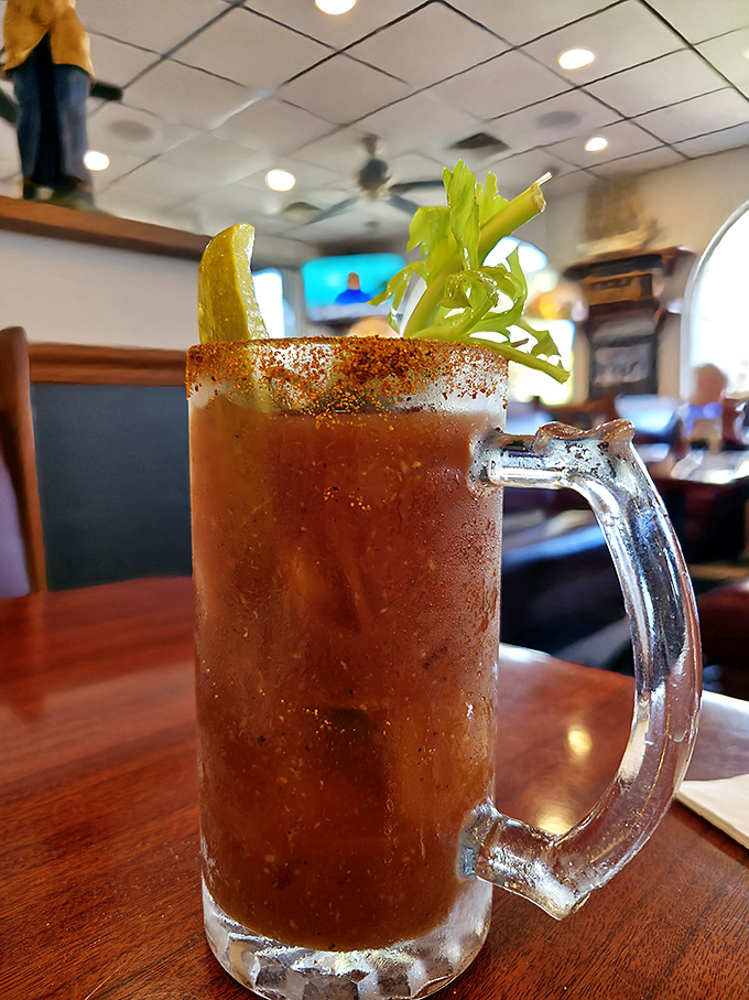 The Bloody Mary here comes garnished like a small salad - brunch cocktail goals achieved.