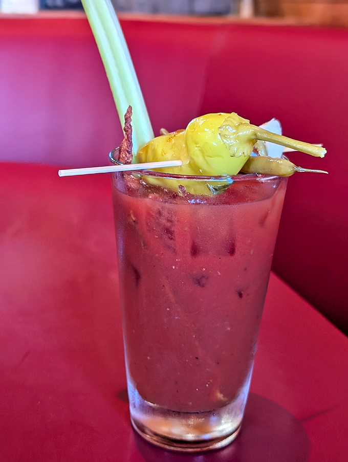 Even the Bloody Mary gets dressed up for the occasion, sporting enough garnishes for a small salad.