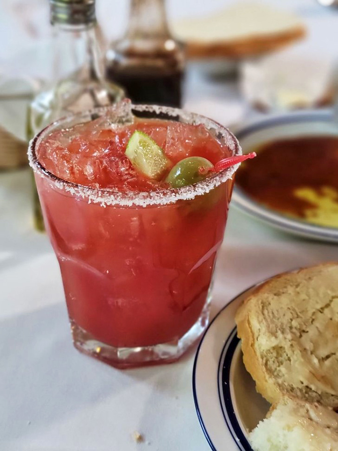 This isn't just a Bloody Mary&mdash;it's a spicy, salt-rimmed prelude to the French feast that awaits. The garnish is just showing off.
