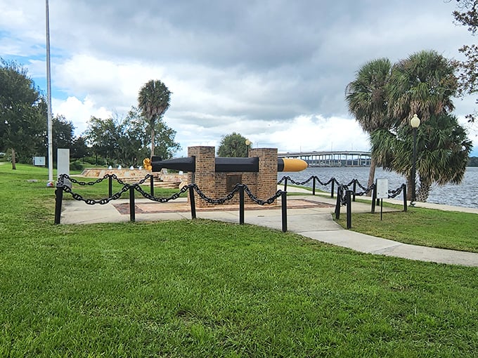 A piece of history stands guard by the riverfront &ndash; a silent reminder of Palatka's maritime heritage against the backdrop of modern bridges.