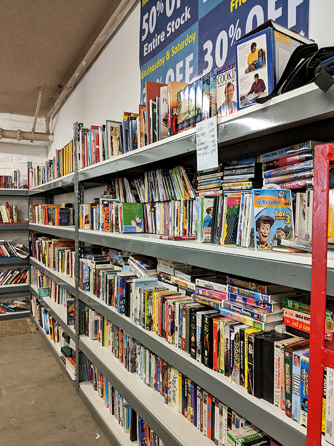 The literary corner: where dog-eared paperbacks and pristine hardcovers create a library of possibilities for just a few dollars each.