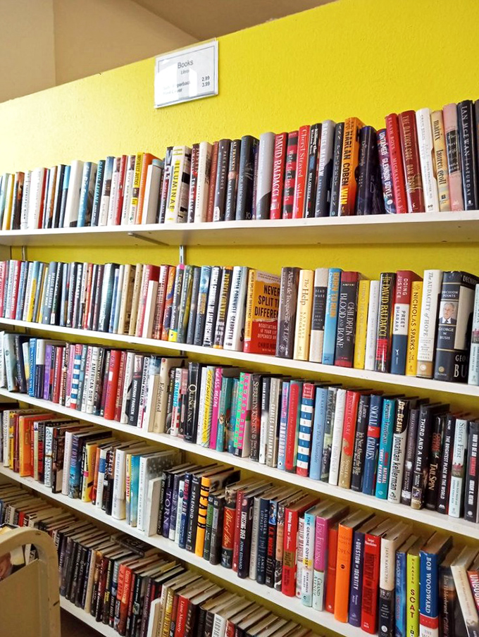Books stacked like colorful soldiers on bright yellow walls. Literary treasures for less than a coffee, with no late fees attached.
