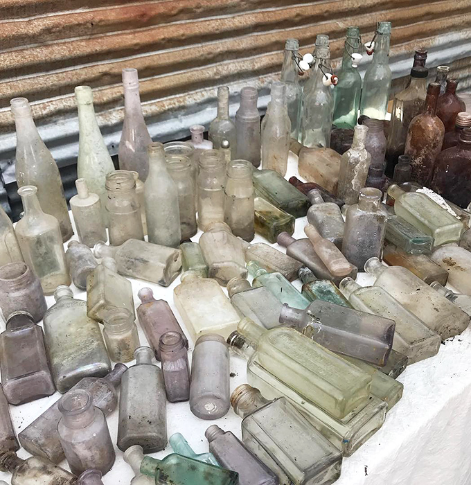 The light playing through these vintage bottles creates a stained-glass effect. Someone's trash from a century ago becomes today's treasure. 