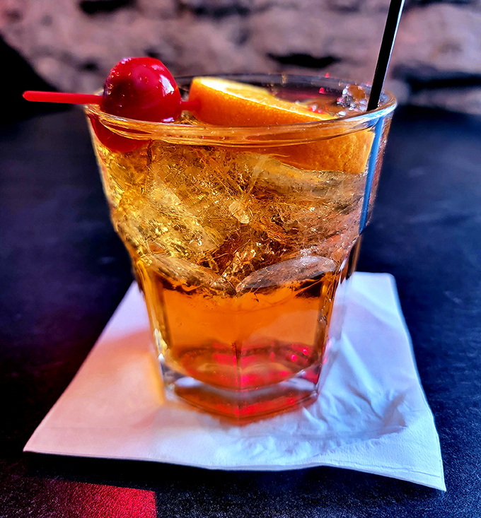 The Wisconsin handshake: a properly made Brandy Old Fashioned with the requisite cherry and orange. Friendship in a glass.