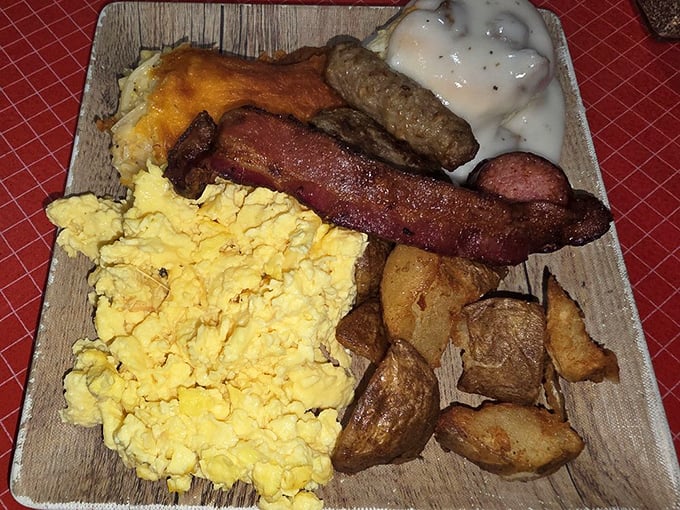 A hearty breakfast spread that answers the eternal question: "Why choose between eggs, meat, and potatoes when you can have them all?"