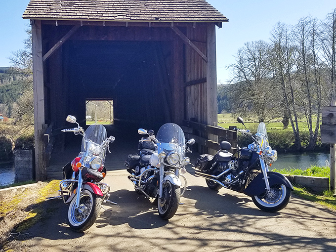 Even motorcyclists can't resist the bridge's nostalgic pull. These modern machines look charmingly out of place against century-old engineering.