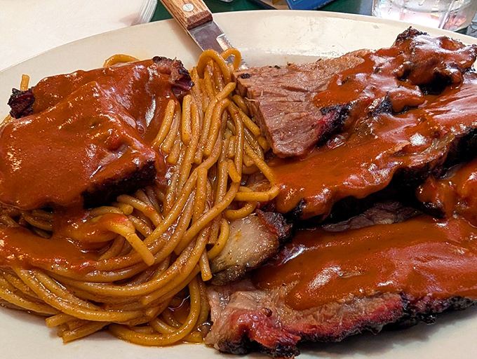 Brisket and BBQ spaghetti on one plate&mdash;like getting the best of Texas and Memphis to call a truce and throw a party.